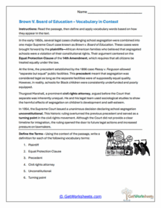 Vocabulary in Legal Context Worksheet - Brown v. Board Terminology