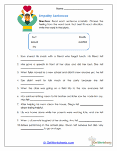Empathy Sentences Worksheet - Identifying Feelings in Context