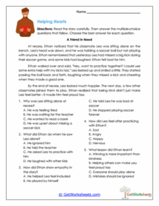 Helping Hearts Worksheet - Reading & Empathy Comprehension