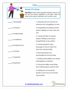 Words of Caring Worksheet - Empathy Vocabulary Matching