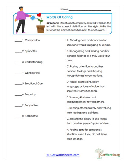 Words of Caring Worksheet - Empathy Vocabulary Matching