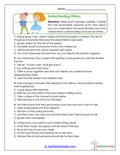 Understanding Others Worksheet - Empathy in Action Choices