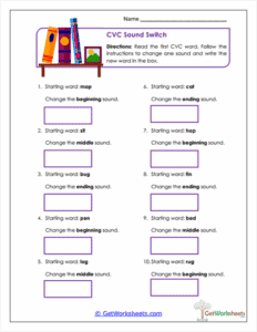 Sound Switch Worksheet - CVC Phoneme Manipulation