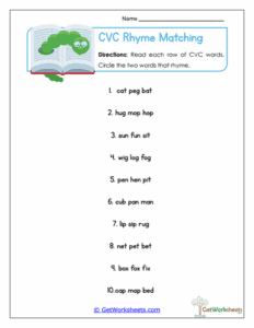 Rhyme Matching Worksheet - CVC Word Families