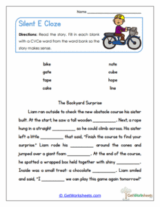 Fill Up Cloze Worksheet - CVCe Words in Context