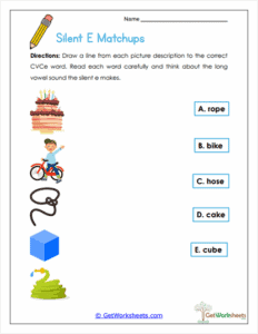 Silent E Matchups Worksheet - CVCe Long Vowels