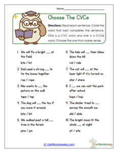 Choose the CVCe Worksheet - Short vs. Long Vowel Meaning