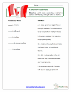 Canuck Vocabulary Worksheet - Canada Geography Terms