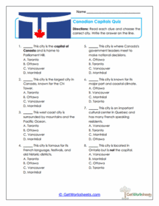 Capitals Quiz Worksheet - Canadian Cities & Deductive Reasoning