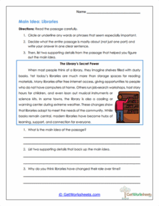 Main Idea: Libraries Worksheet - Nonfiction Comprehension