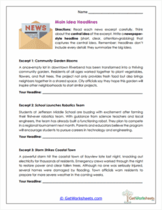 Main Idea Headlines Worksheet - Summarizing Central Ideas