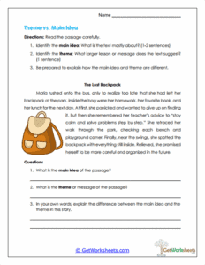 Theme vs. Main Idea Worksheet - Understanding Story Meaning