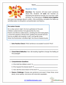 Read As One Worksheet - Choral Reading Fluency and Comprehension