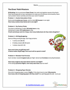 Elves' Math Lab Worksheet - Holiday Word Problems