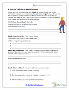 Beginner Conversation with Claude Worksheet - AI Interaction & Reflection