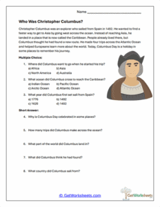 Who Was Christopher Columbus? Worksheet - Exploration Reading