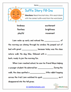 Story Fill-Ins Worksheet - Suffix Words in Context