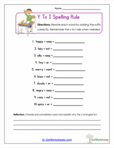 Y-to-I Spelling Rule Worksheet - Adding Suffixes