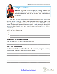 Gadget Contrast Worksheet - Evaluating Differences in Compare-and ...