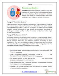 Screens and Shadows Worksheet - Comparing Perspectives on Technology
