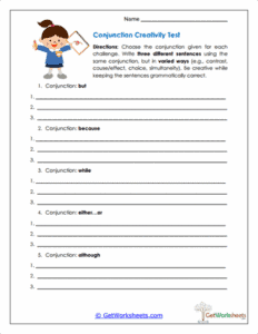Conjunction Creativity Test Worksheet - Exploring Flexible Sentence ...