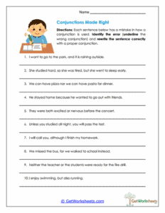 Conjunctions Made Right Worksheet - Editing & Correct Usage