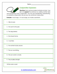 Conjunction Expansion Worksheet - Building Stronger Sentences