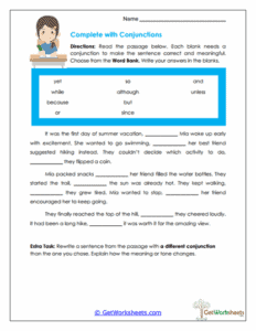 Passage Conjunction Completion Worksheet - Connecting Ideas in Context