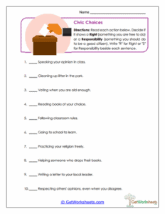 Civic Choices Worksheet - Rights vs Responsibilities Practice
