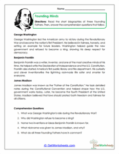 Founding Minds Worksheet - Reading Comprehension & Historical Understanding