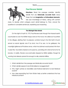 Paul Revere Retold Worksheet - Fact vs. Fiction Analysis