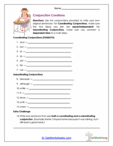 Conjunction Creations Worksheet - Building Connected Sentences