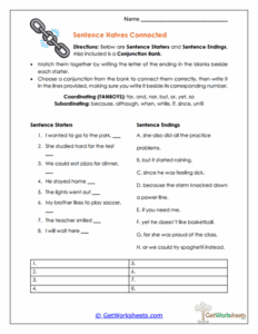 Coordinating vs. Subordinating Conjunctions Worksheets