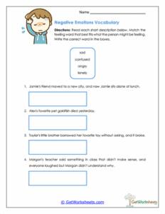 Negative Emotions Vocabulary Worksheet - Identifying Feelings