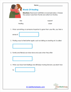 Words of Healing Worksheet - Coping Vocabulary Practice
