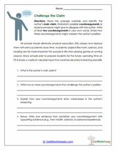 Challenge the Claim Worksheet - Writing Strong Counterarguments
