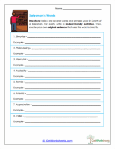 Vocabulary Practice Worksheet - Death of a Salesman Language & Tone