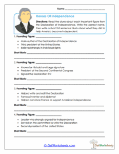 Heroes of Independence Worksheet - Founding Fathers & Contributions