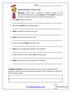 Demonstrative Check-Up Worksheet - Pronoun Accuracy Review