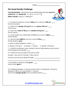 Density Worksheets | Density = Mass / Volume - GetWorksheets.com