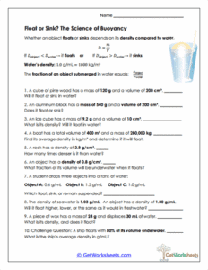 Float or Sink Worksheet - Buoyancy and Density Analysis