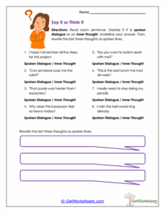 Say It or Think It Worksheet - Dialogue vs. Inner Thoughts