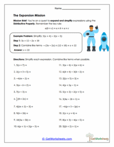 Expansion Mission Worksheet - Expanding and Simplifying Expressions