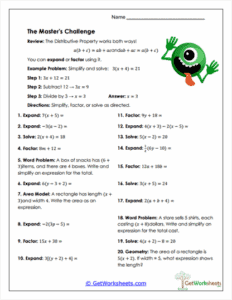 A Master's Challenge Worksheet - Applying the Distributive Property