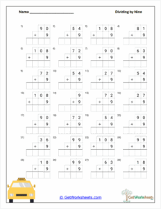 Structured Quotient Boxes Worksheet - Division by 9