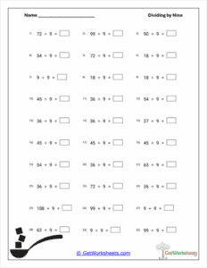 Mixed Fact Fluency Worksheet - ÷9 Division Practice