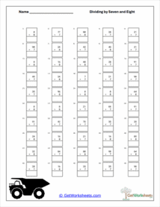 Extended Division Drill Worksheet - Division by 7s & 8s
