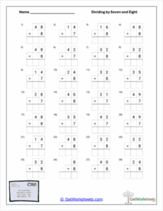 Boxed Div Facts Worksheet - Division by 7s & 8s