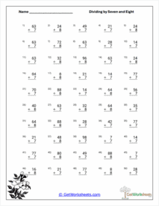 Division Fluency Practice Worksheet - Division by 7s & 8s