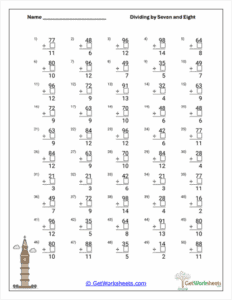 Division Fluency Practice Worksheet - Division by 7s & 8s